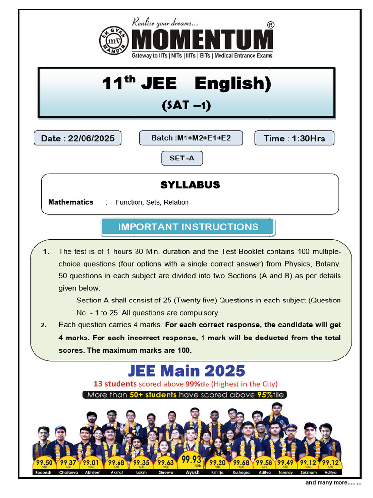 SAT - 1 JEE - Maths - M1+M2+E1+E2 - 22-06-2025 - Set - A | PDF | Sat ...