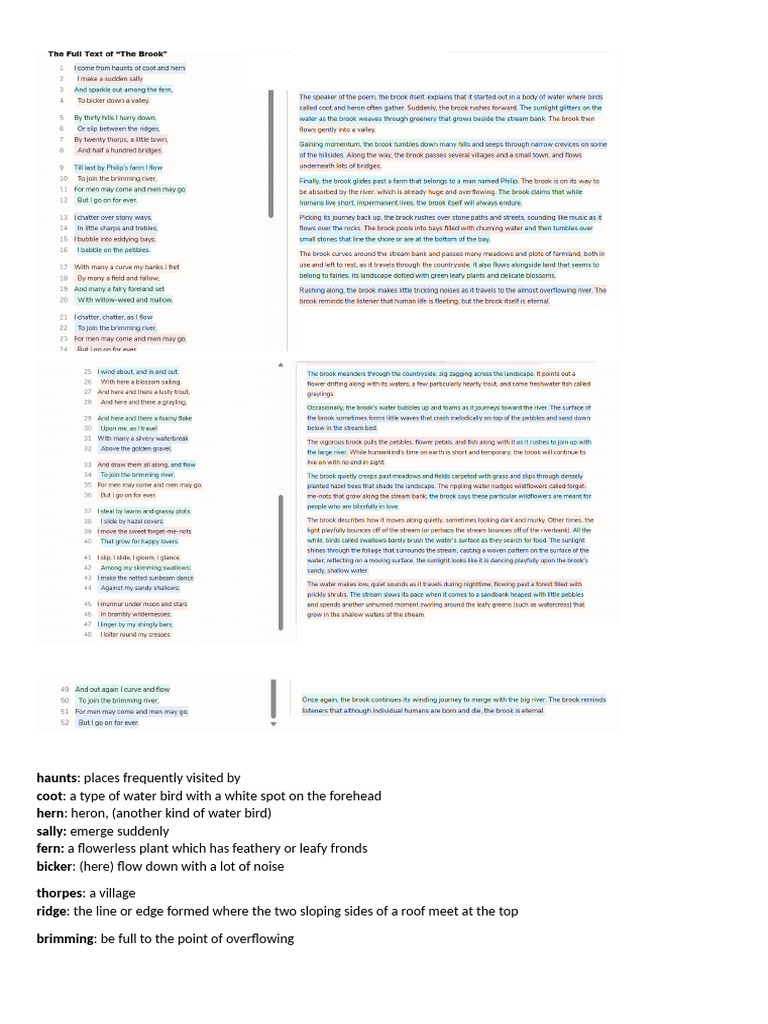The Brook Line by Line Explanation | PDF | Poetry