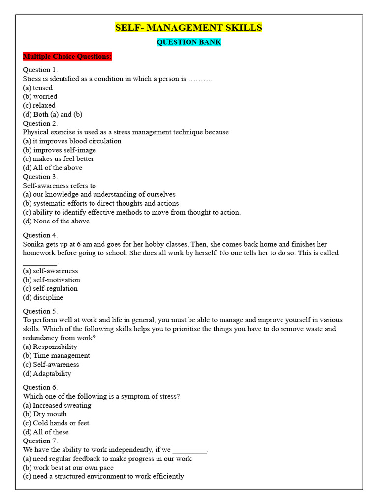Self-Management Skills Question Bank | PDF | Goal | Stress Management