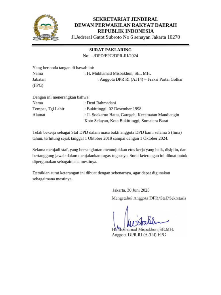 Surat Paklaring DPR Deni Rahmadani | PDF