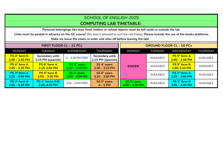 Computing Lab Timetable 2025 | PDF