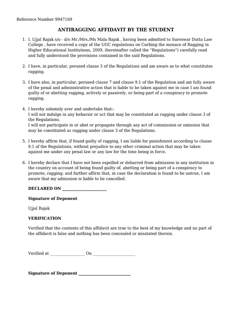 Antiragging Affidavit Form | PDF | Affidavit