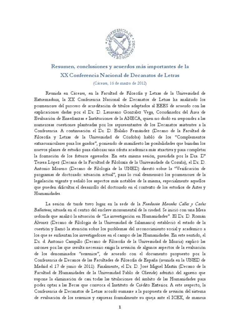 Resumen XX Confer Decan Letras | PDF | Universidad | Educación avanzada