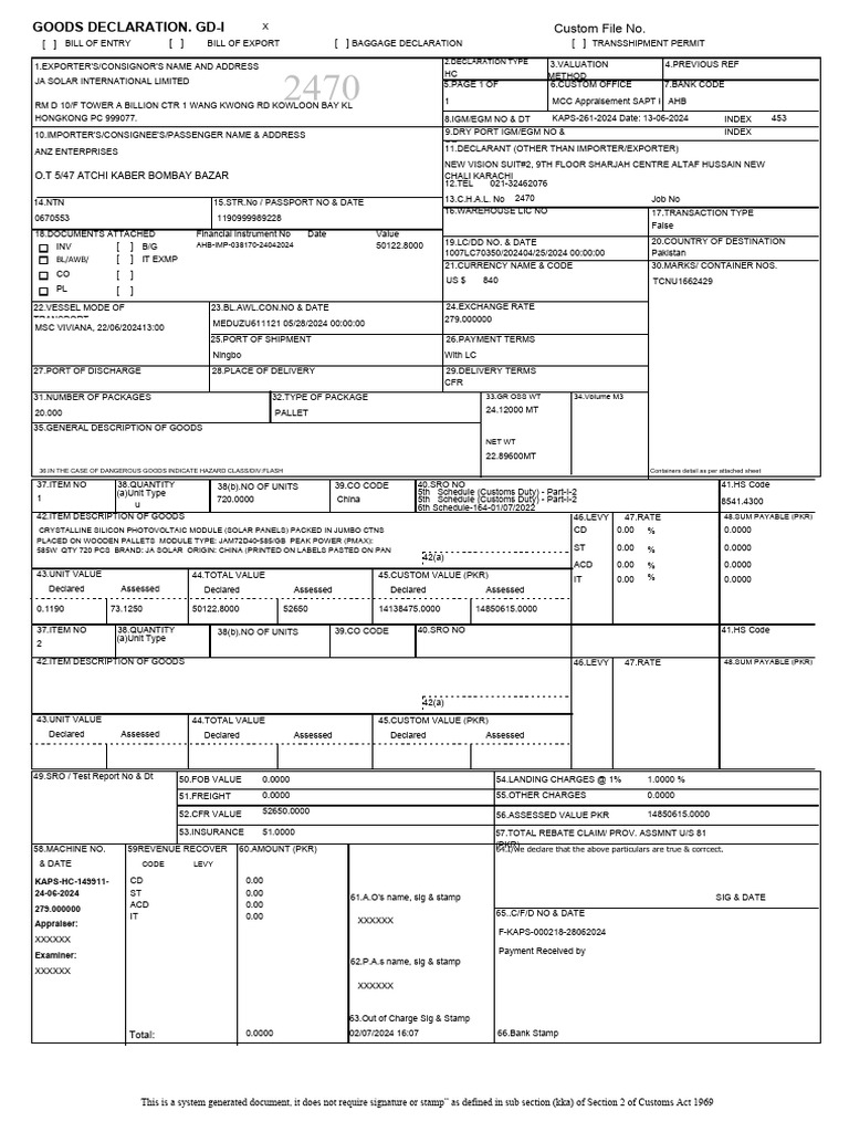 Customs Goods Declaration Document | PDF | Photovoltaics | Energy ...