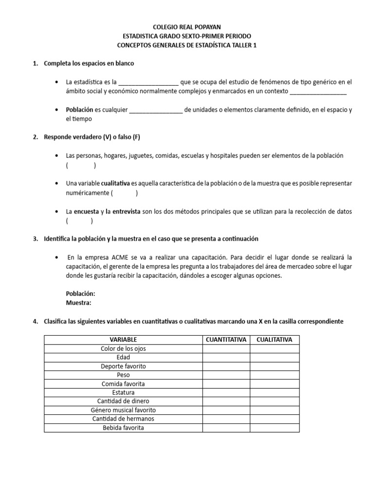 Conceptos Generales de Estad-Stica Taller 1 | PDF