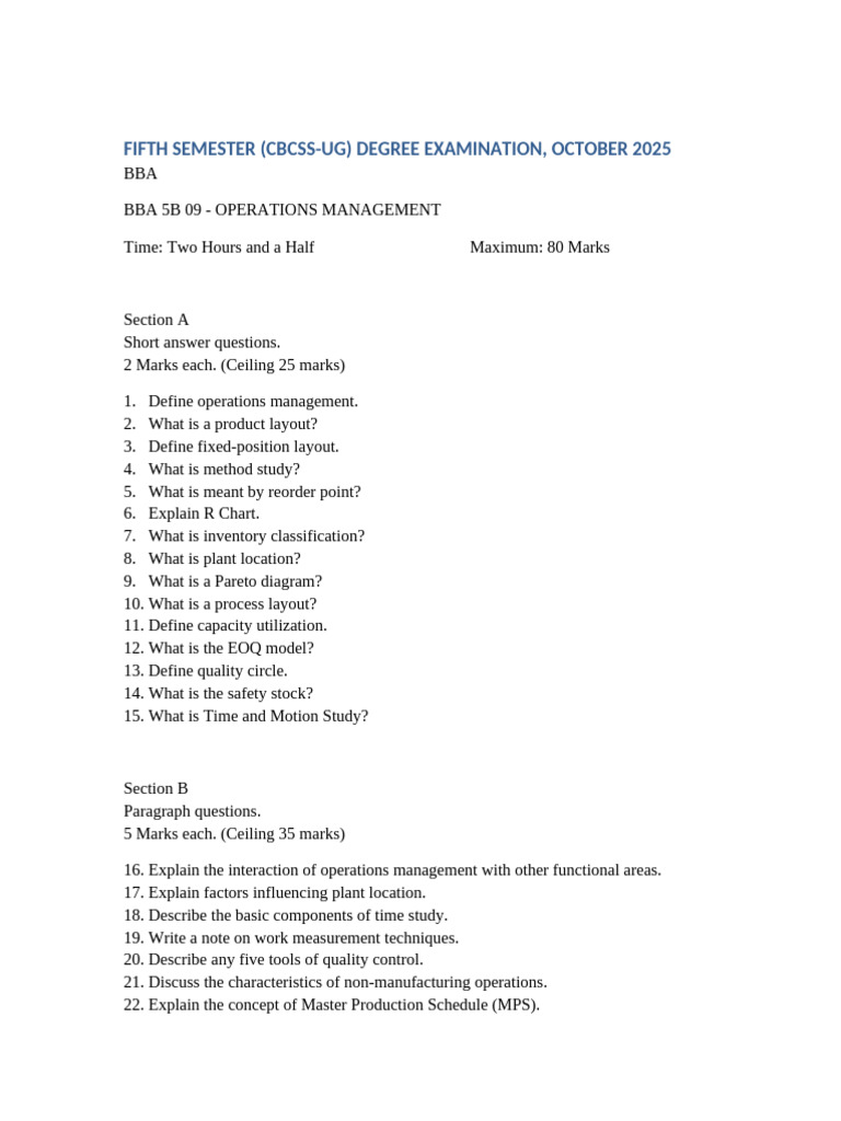 Operations Management Question Papers | PDF | Operations Management ...