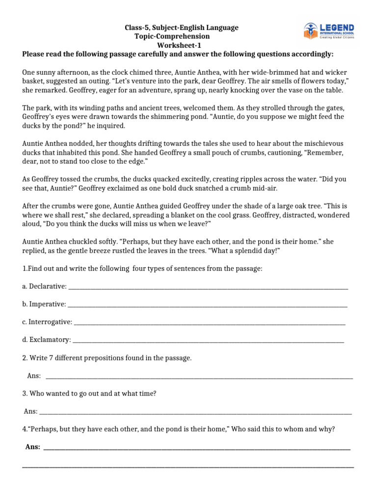Class 5 English Comprehension Worksheet | PDF