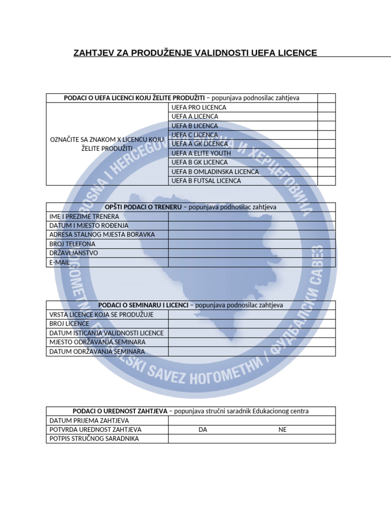 Zahtjev Za Produženje Validnosti Uefa Licence 123 | PDF