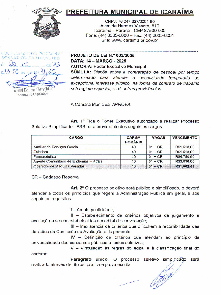 Projeto de Lei No 003.2025 - Autorizacao para Contratacao - Pss | PDF