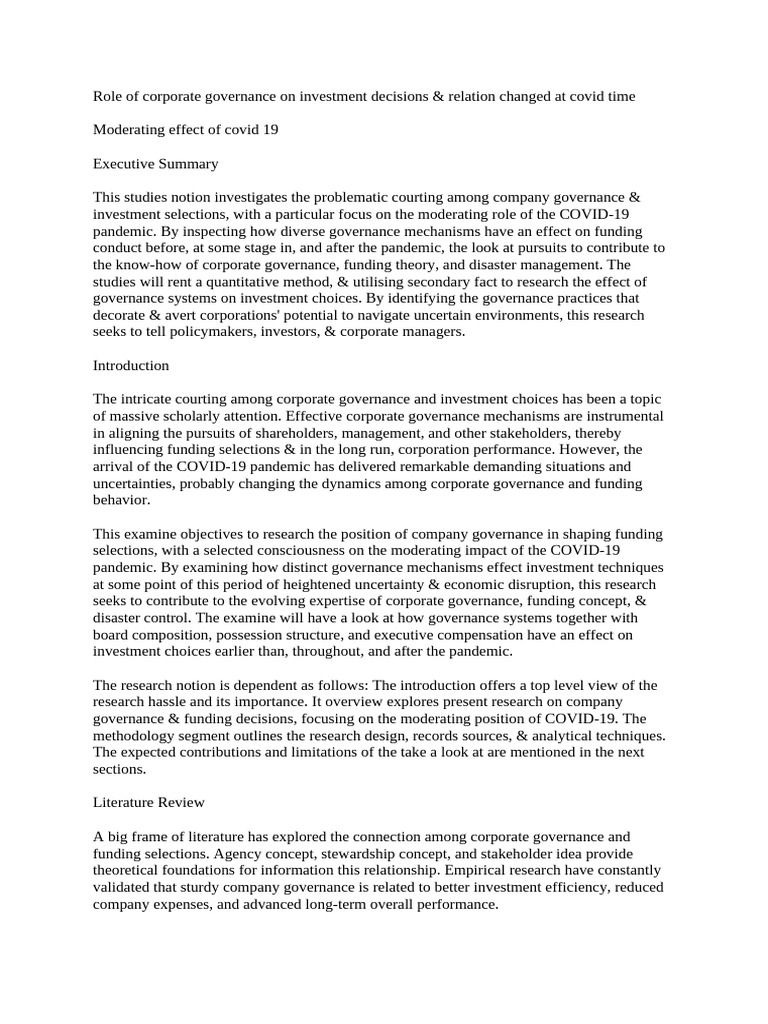 Corporate Governance & Investment During COVID | PDF | Governance ...