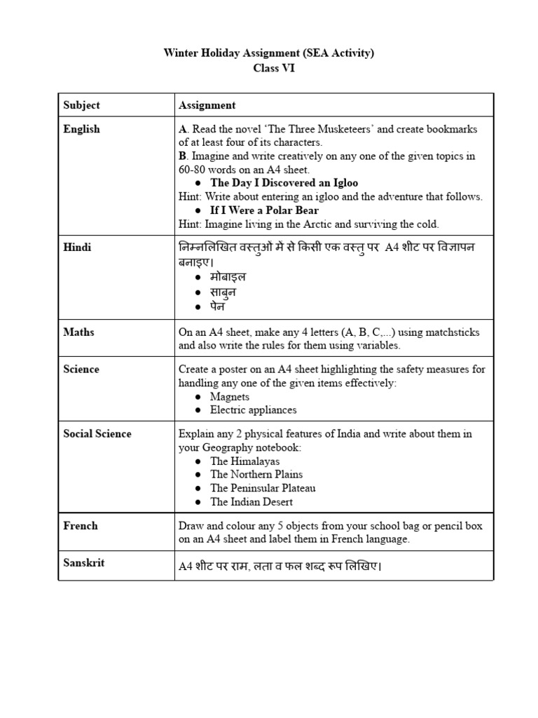 Winter Holiday Assignment Class VI | PDF