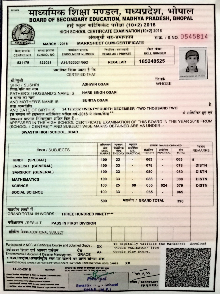 Ashwin Osari's 10th Markshet | PDF | Educational Stages | Secondary Education