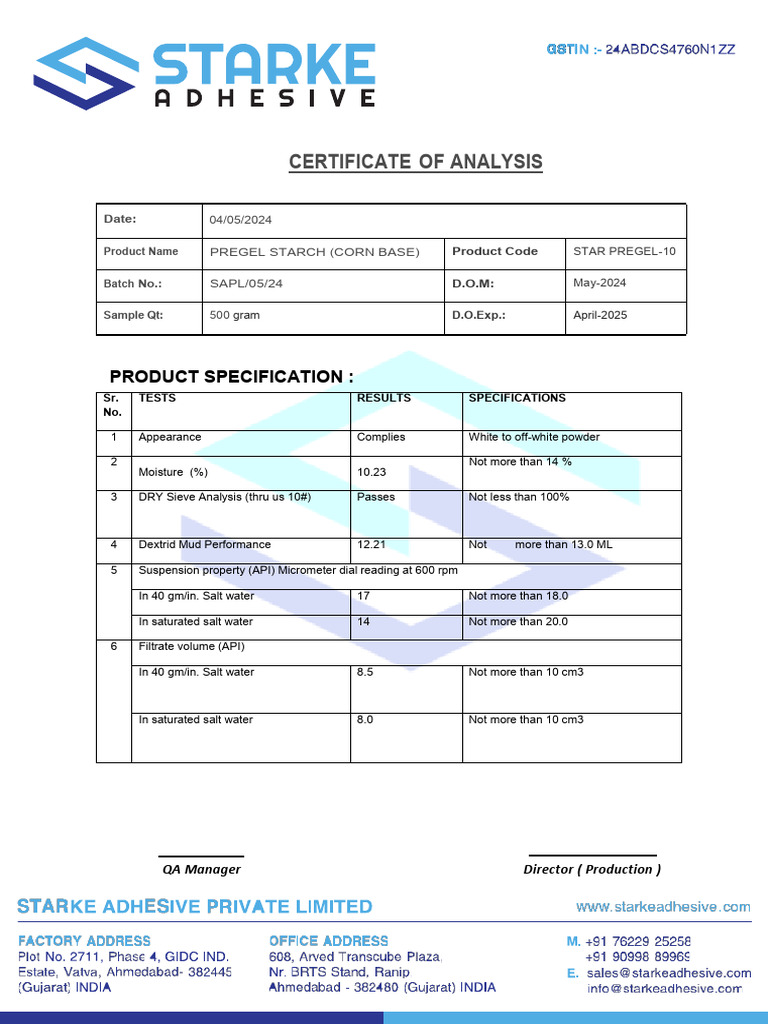 COA - Pregel Starch - Oil Drilling | PDF