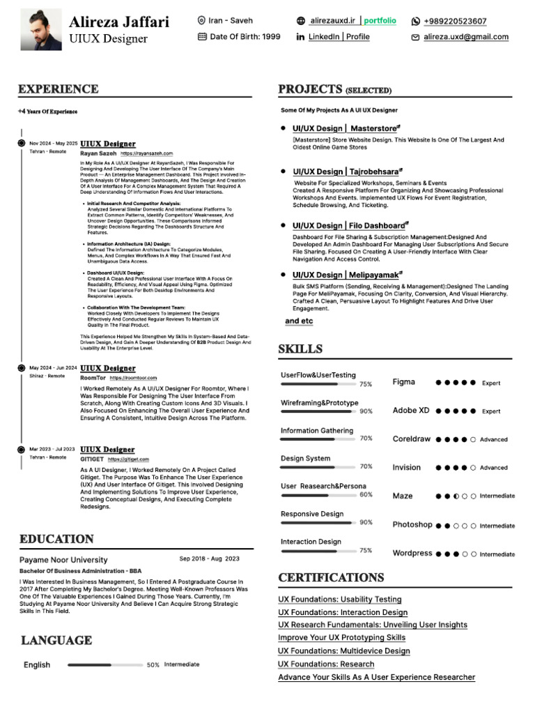 Alireza Jaffari Uiux Resume | PDF | Software Development | Software Engineering