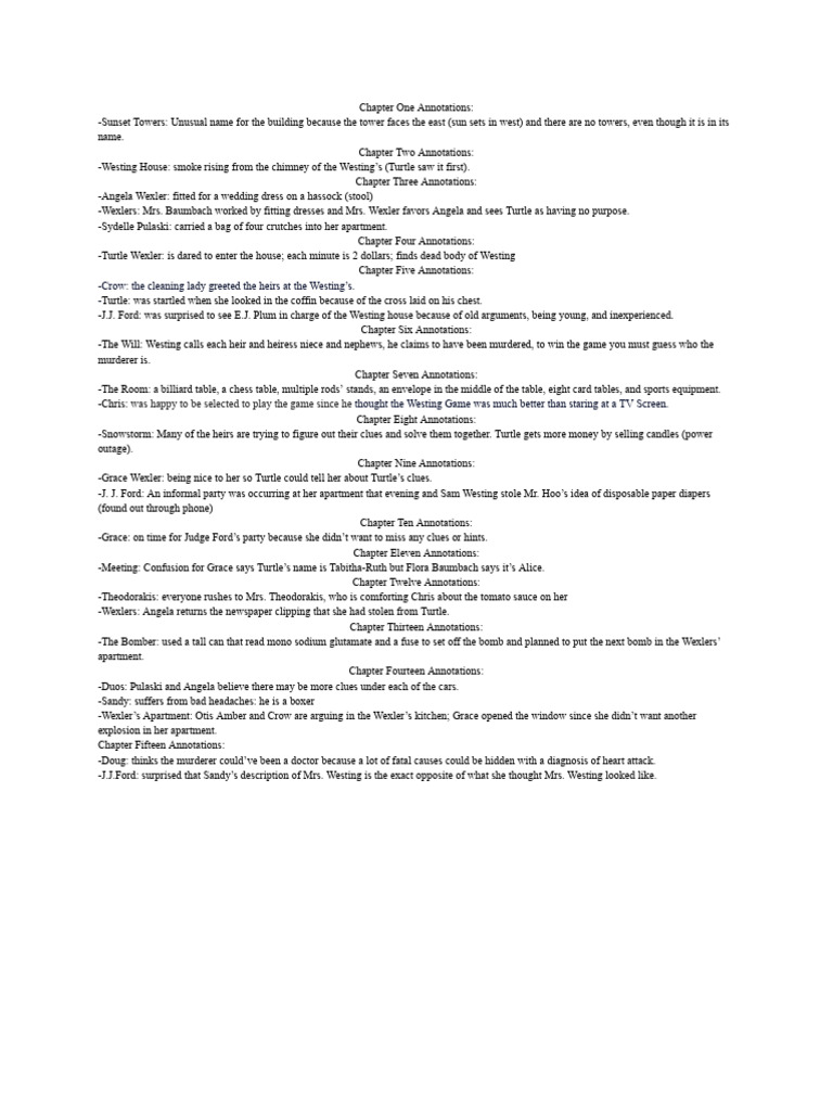 Westing Game Chapter Annotations Guide | PDF