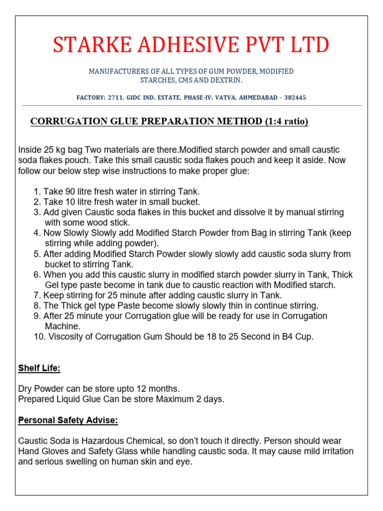 Corrugation Glue Preparation Method (1 4 Ratio) | PDF