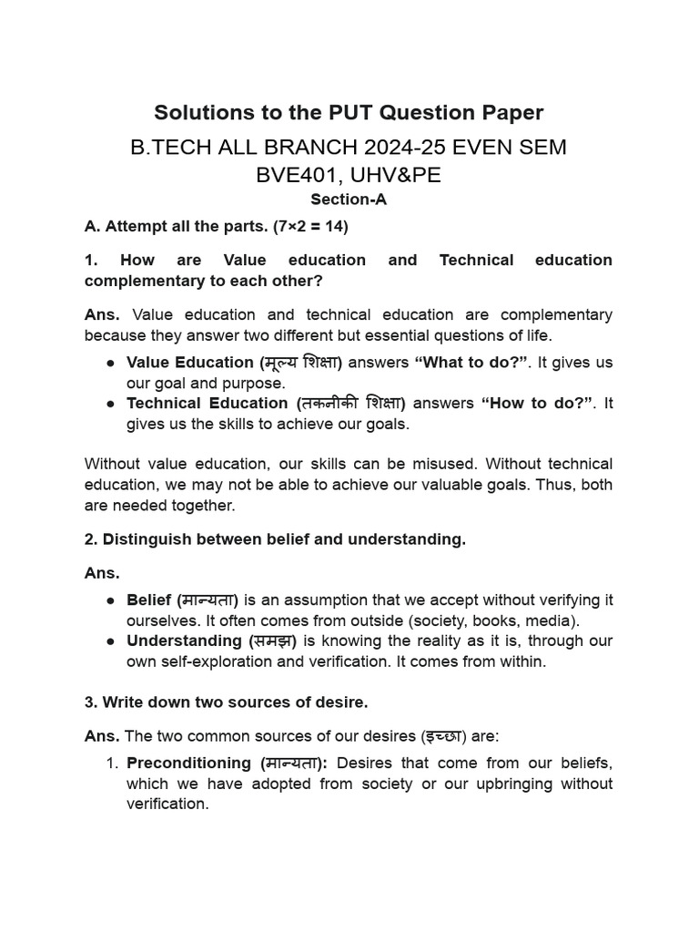 Solutions To The PUT Question Paper BVE401, UHV&PE | PDF | Happiness ...