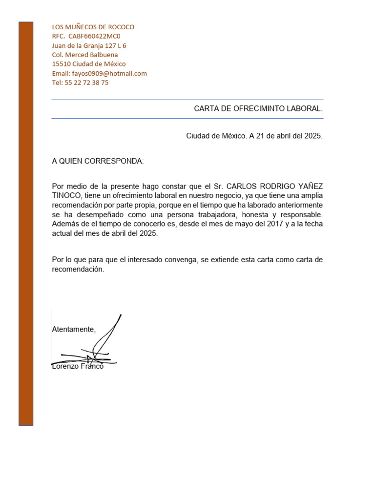 Carta-Laboral de Rodrigo Yañez Tinoco | PDF