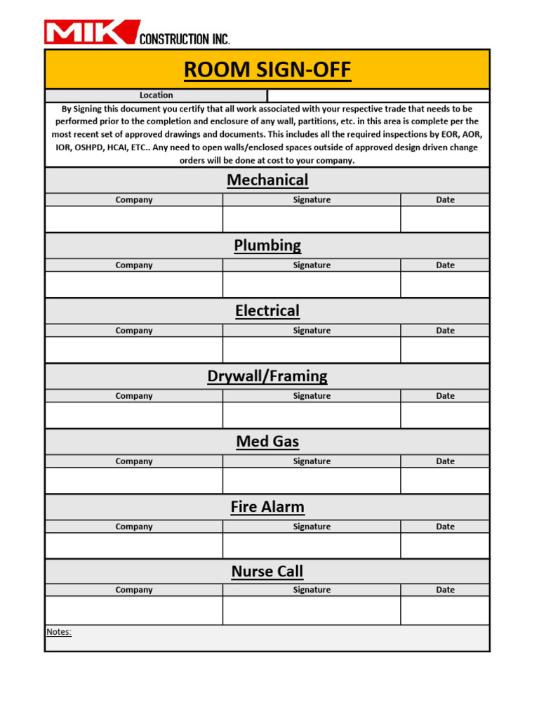 Room Sign Off Sheet | PDF