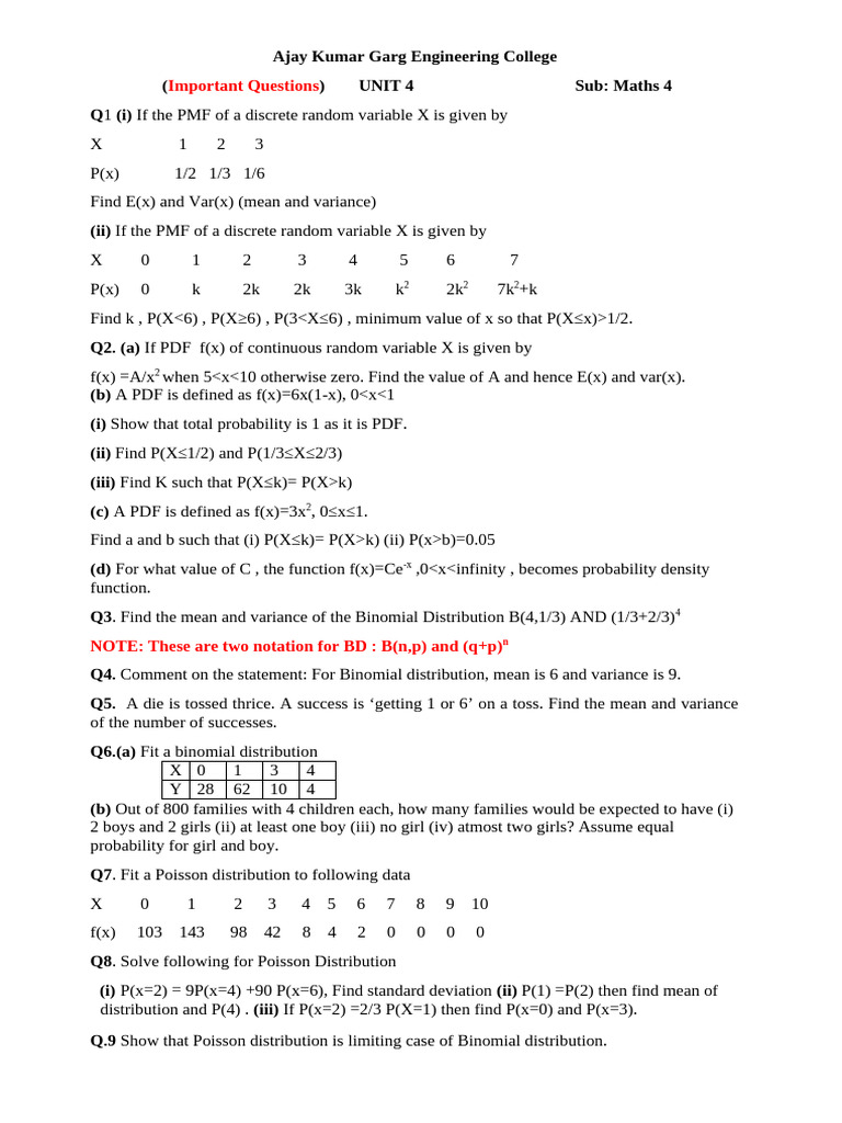IMPORTANT QUESTIONS UNIT 4-Maths 4-New | PDF | Probability Density Function | Probability Theory