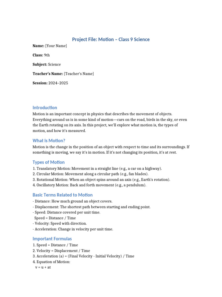 Motion Project File for Class 9 Science | PDF