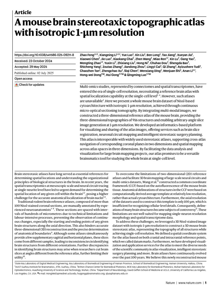 A mouse brain stereotaxic topographic atlas with isotropic 1-μm ...