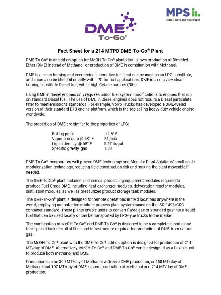 2025 Fact Sheet For 214 MTPD DME To Go | PDF | Diesel Fuel | Fuels