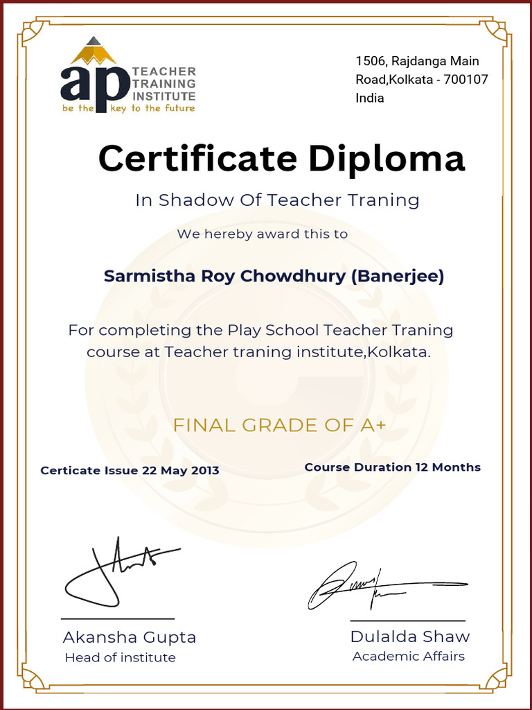 Teacher Traning Diploma Certificate | PDF