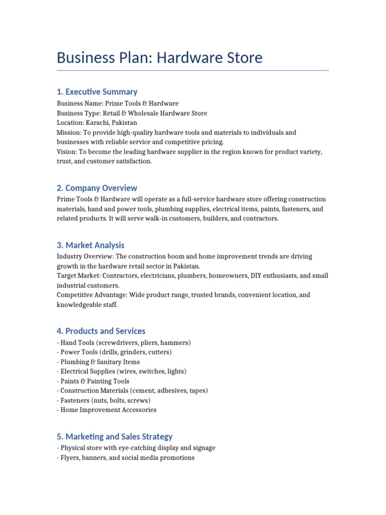 Hardware Store Business Plan Overview | PDF | Hardware Store | Tools