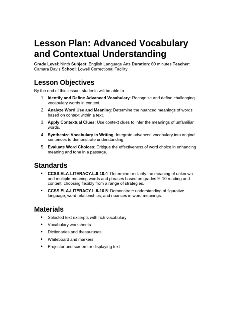 Advanced Vocabulary Lesson Plan | PDF | Vocabulary | Cognitive Science