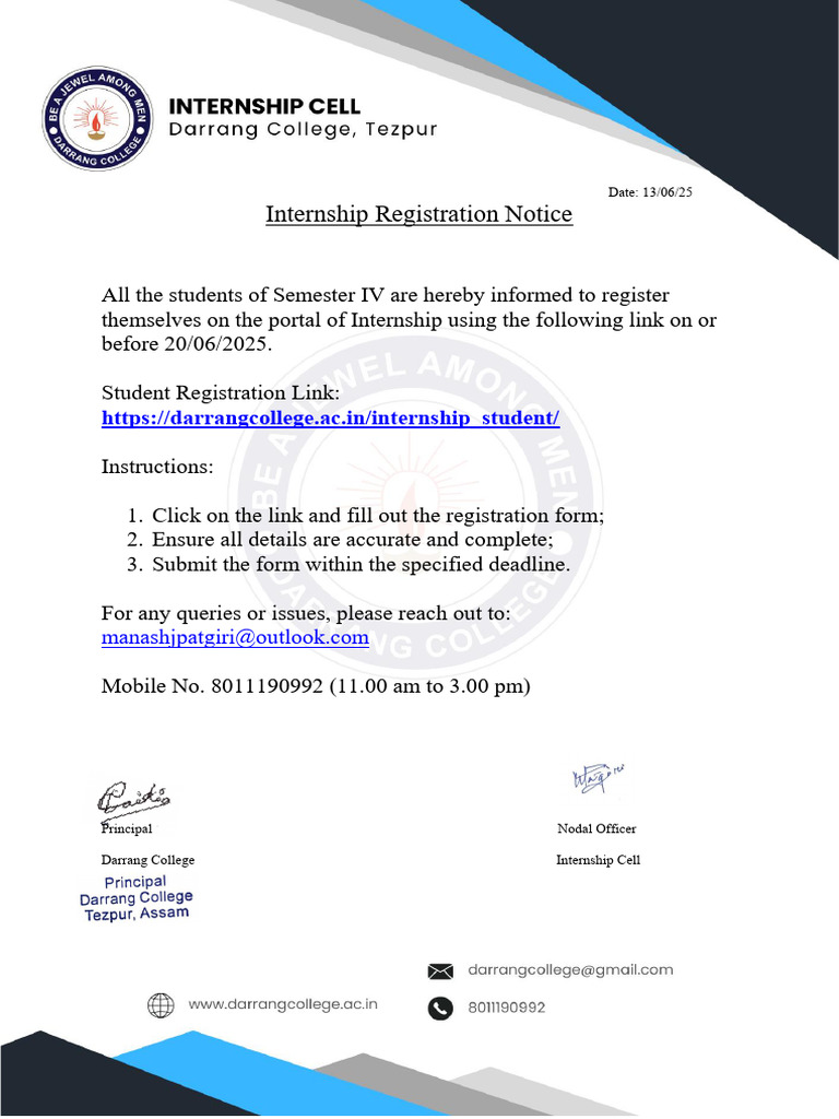 Internship Registration Notice | PDF