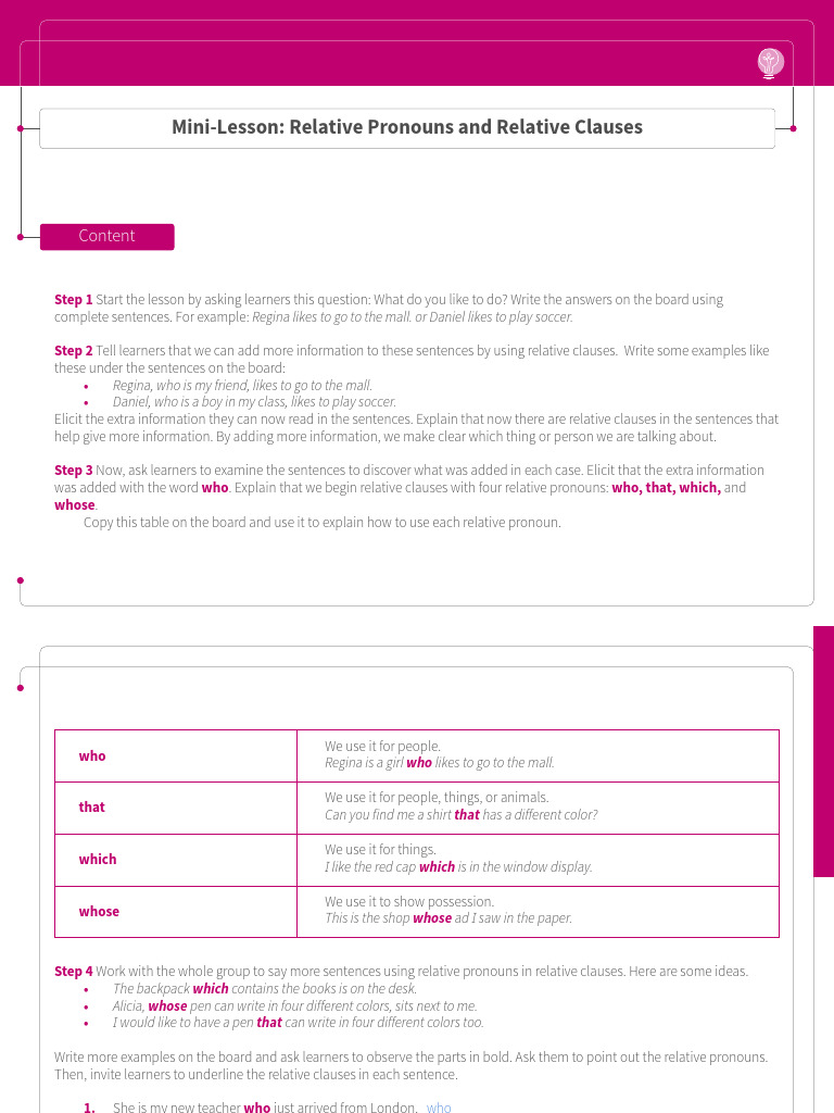 Mini Lesson Relative Pronouns and Relative Clauses | PDF | Linguistic ...