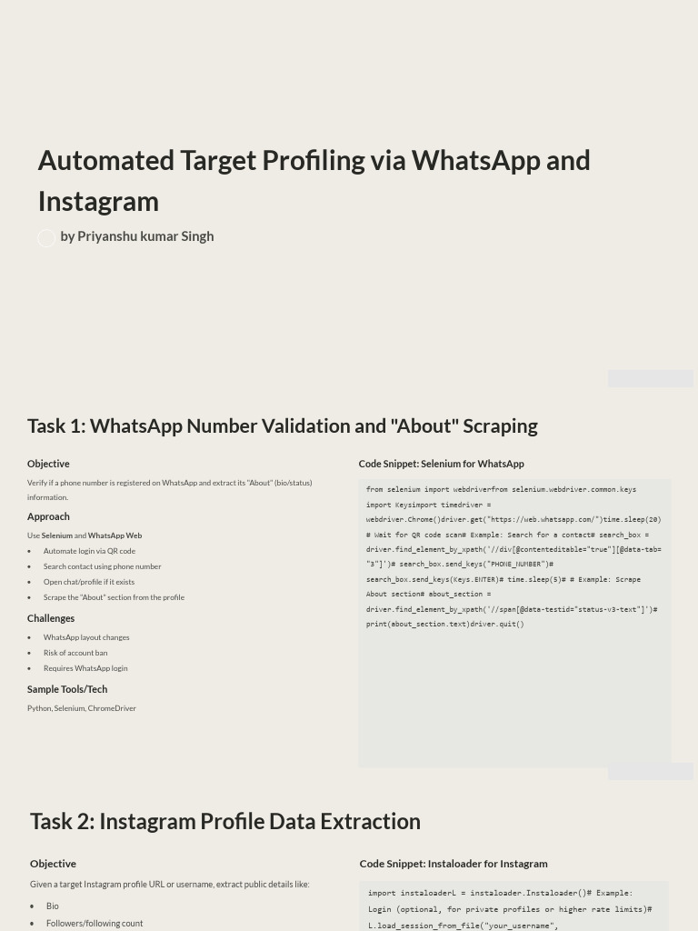 Automated Target Profiling Via WhatsApp and Instagram | PDF | Selenium (Software) | Information ...