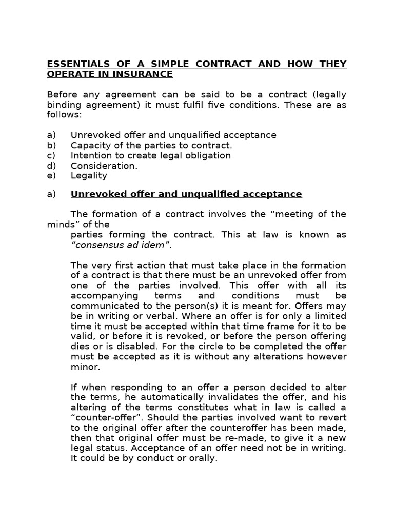 Essentials of Simple Insurance Contracts | PDF | Consideration | Offer ...
