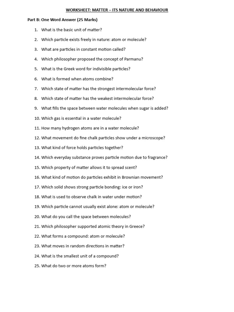 Worksheet: Matter - Its Nature and Behaviour-B | PDF