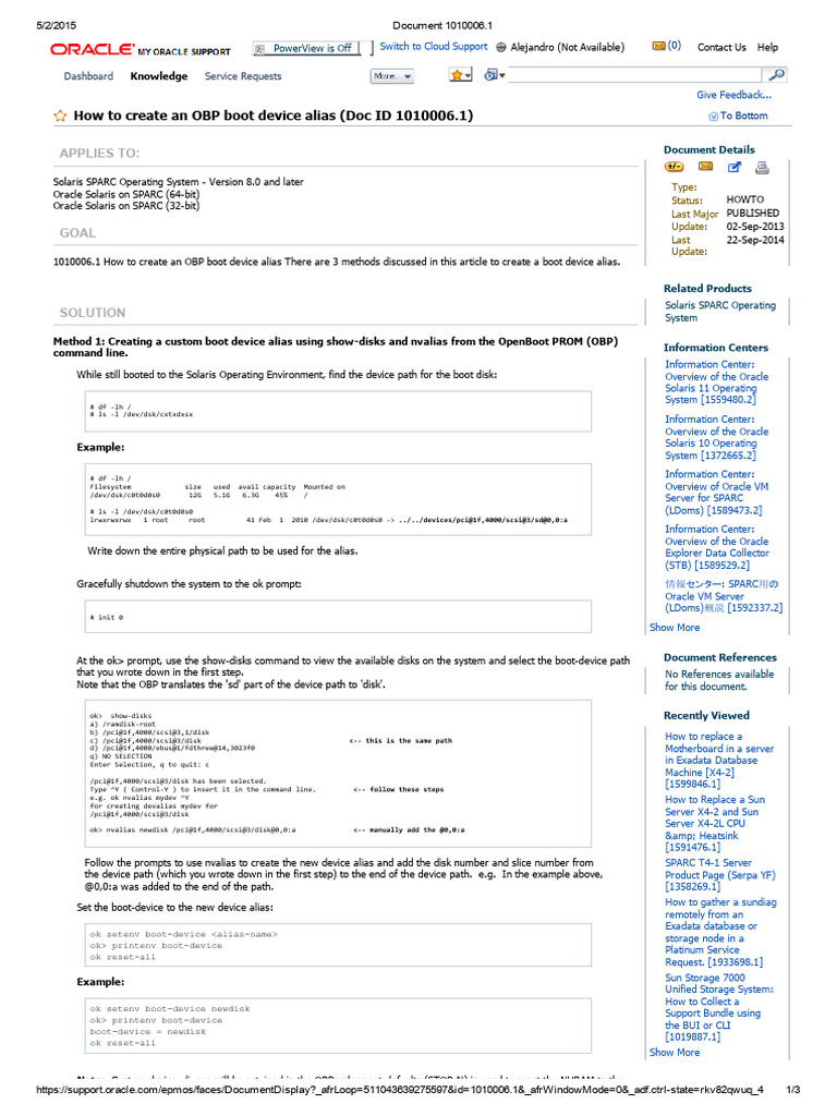How To Create An OBP Boot Device Alias-Doc ID 1010006.1 | PDF | Booting | Computer Science