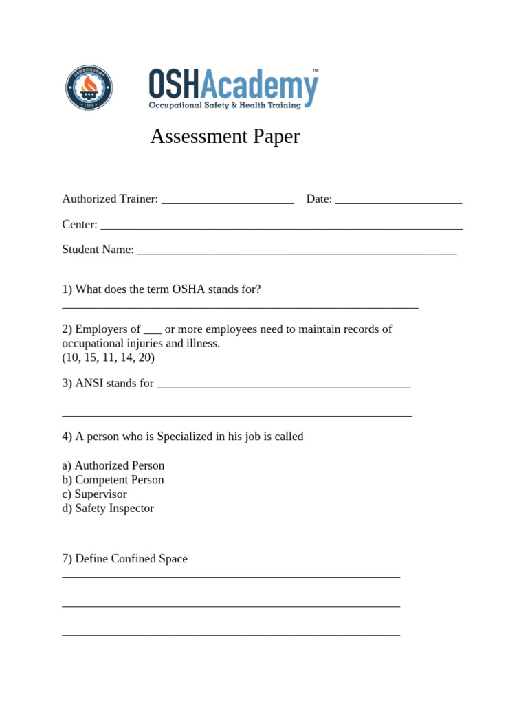 OSHA Safety Training Assessment Guide | PDF | Personal Protective ...