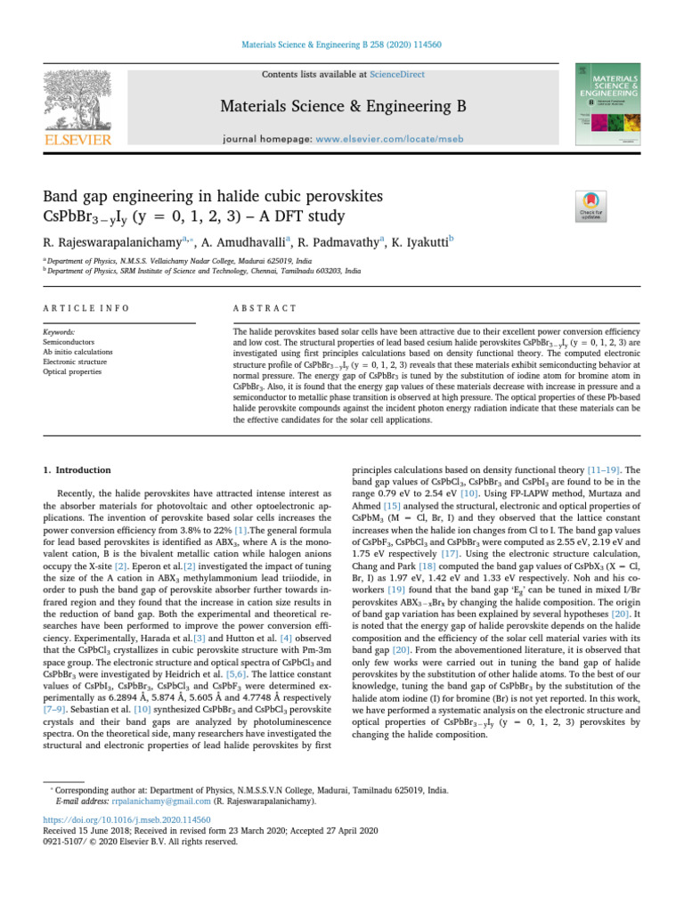Band Gap Engineering in CsPbBr3−yIy Perovskites | PDF | Band Gap ...
