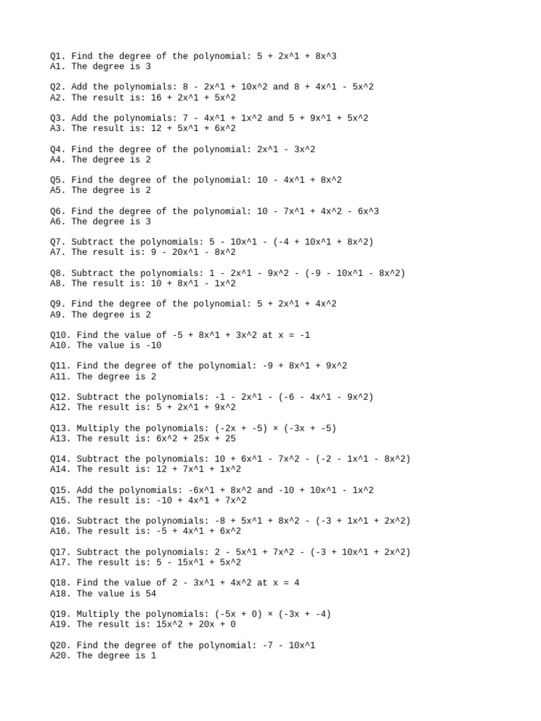Polynomials Class 10 QA 250 | PDF | Polynomial | Abstract Algebra