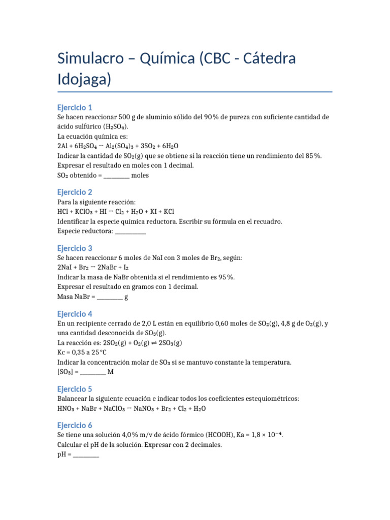 Simulacro Quimica CBC | PDF | Equilibrio químico | Química