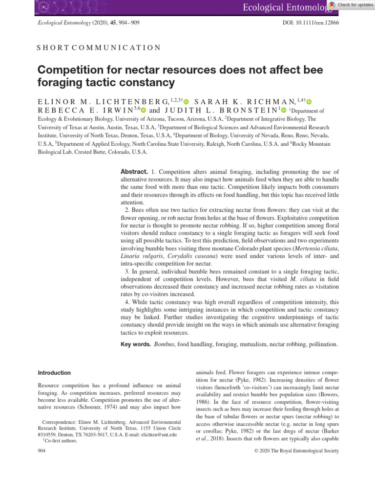 p8 Competition For Nectar Resources Does Not Affect Bee Foraging Tactic Constancy | PDF ...