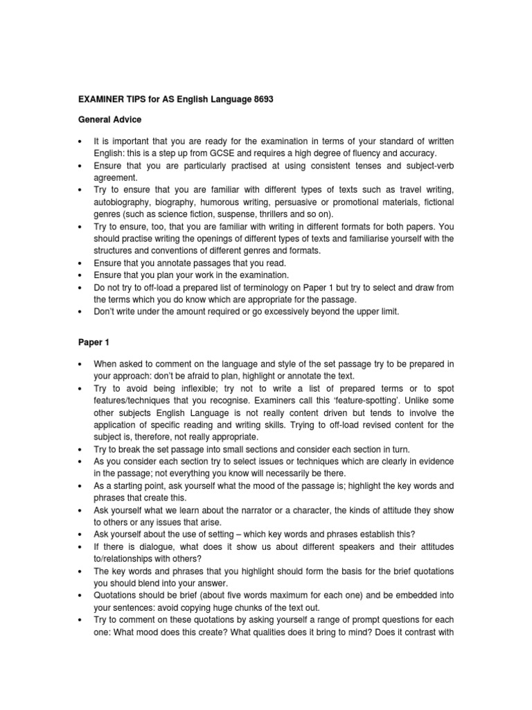Examiner Tips For ASA Level English Language 8693 FINAL | PDF
