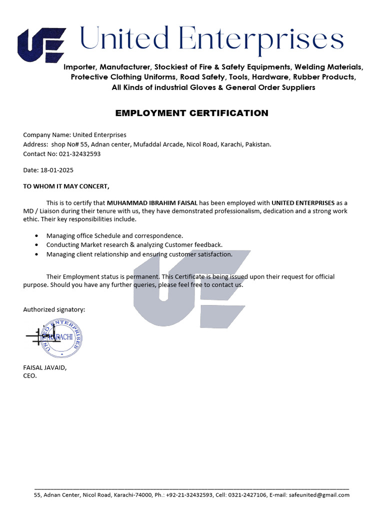 Employment Certification for Muhammad Ibrahim Faisal | PDF