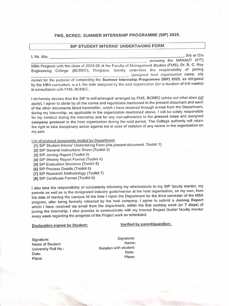 Interns Undertaking Form | PDF