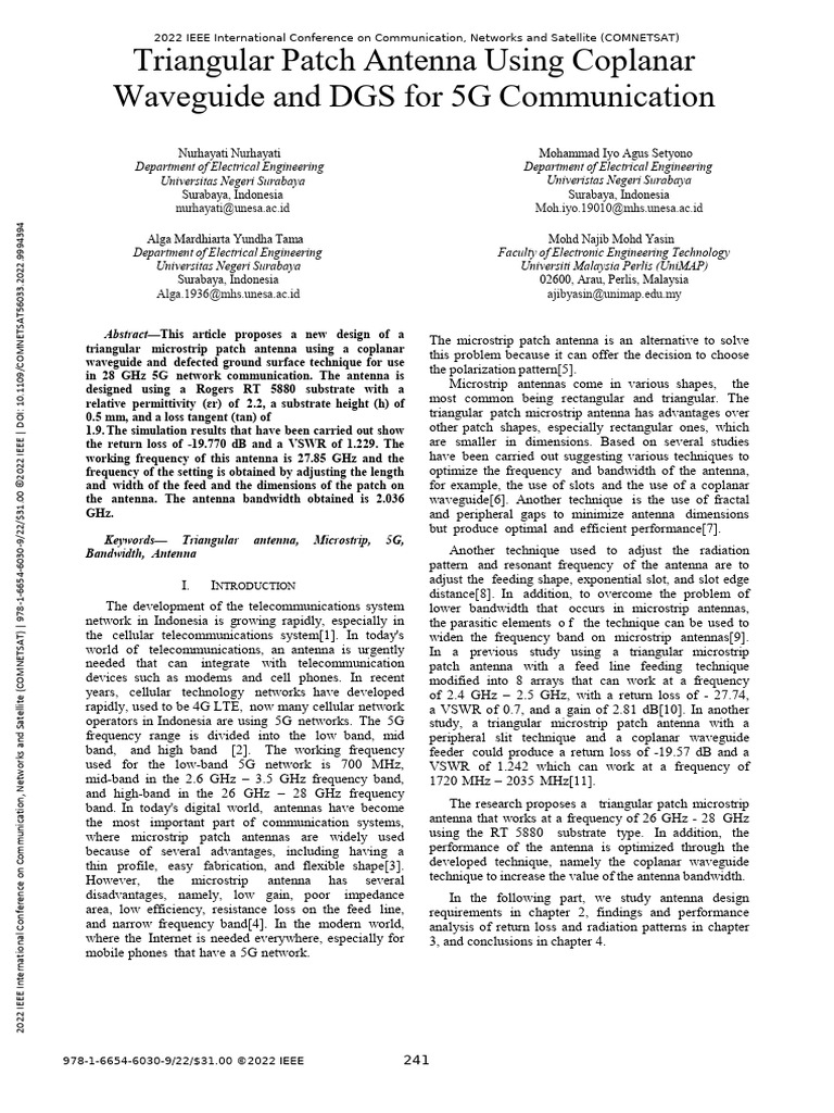 Triangular Patch Antenna Using Coplanar Waveguide and DGS For 5G Communication | PDF | Antenna ...