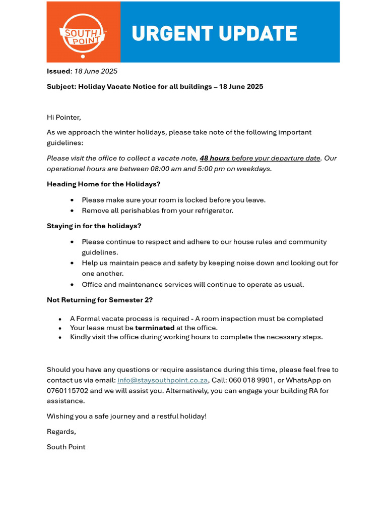 Holiday Vacate Notice Guidelines 2025 | PDF