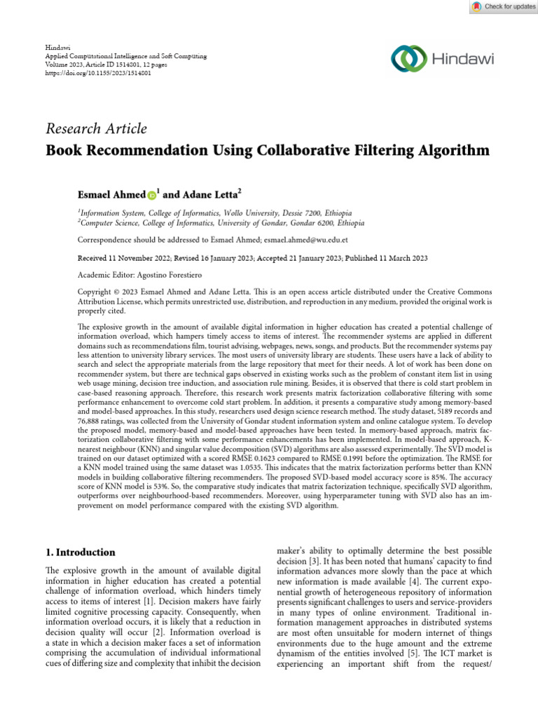 Applied Computational Intelligence and Soft Computing - 2023 - Ahmed - Book Recommendation | PDF ...