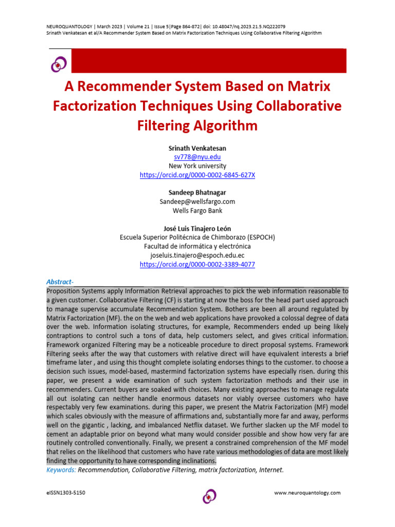 A Recommender System Based On Matrix Factorization Techniques Using Collaborative Filtering ...
