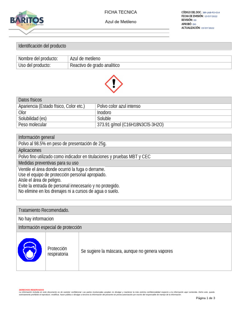 BR-LAB-FO-014 Azul de Metileno (Polvo) | PDF