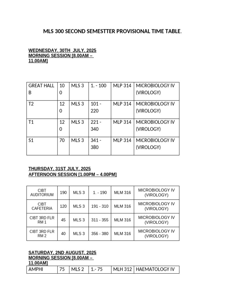 MLS 300 Second Semester Timetable | PDF